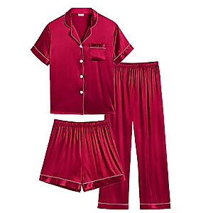 SWOMOG Womens Silk Satin Pajamas Set 3pcs Summer Pj Sets Plus Size Loungewear Button-Down Loose Rose Pink Sleepwear 18W