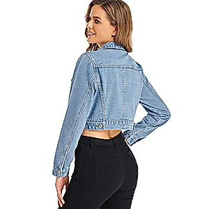 PEIQI Women’s Cropped Jean Denim Jacket Button Down Long Sleeve with Pockets Light Blue Medium