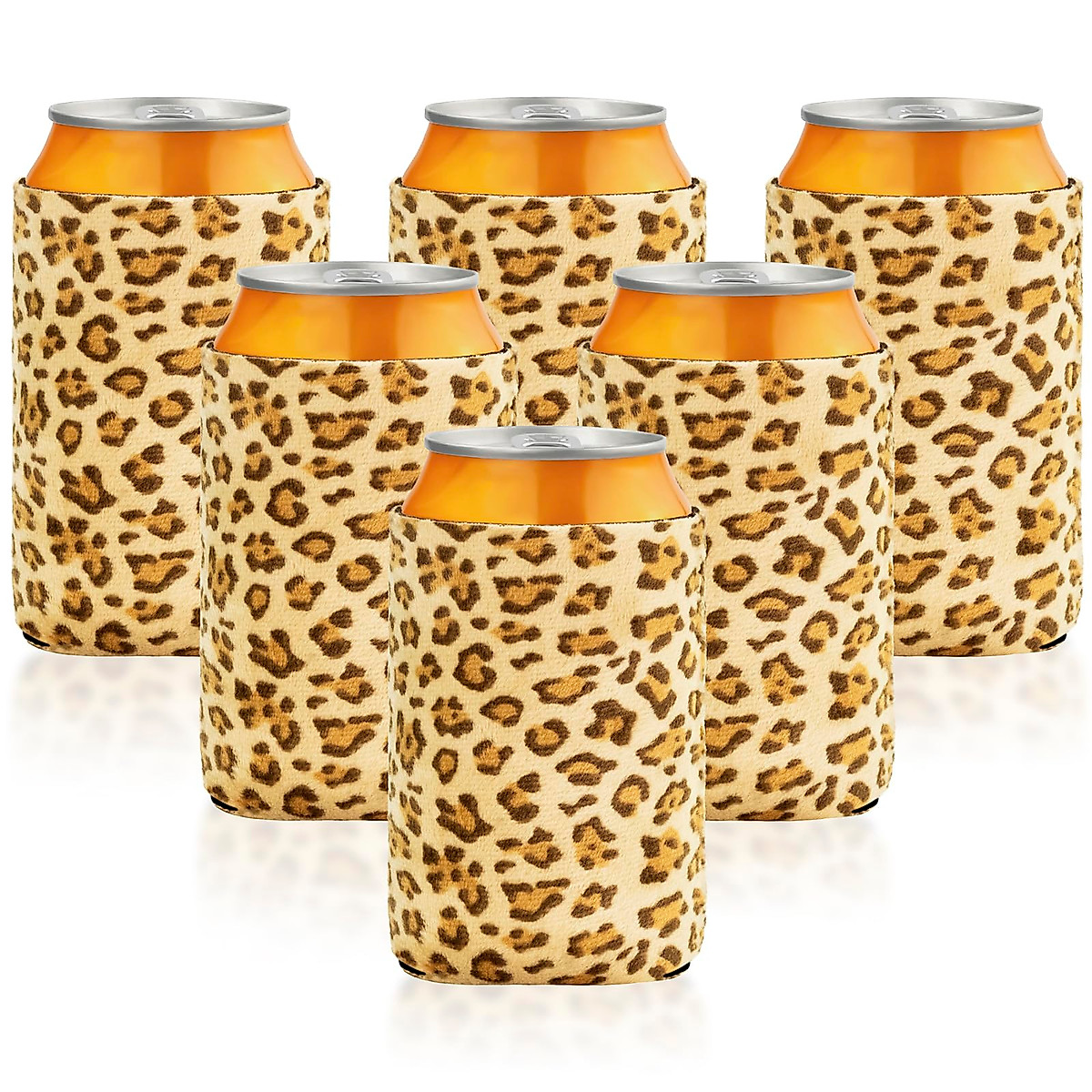 BAGnoREGio Short Plush Beer Can Cooler Sleeves, Soft Velvet Neoprene Insulated Coozie for Soda Beverage Cans, 6-Pack Collapsible Thermocoolers with 1PC Key Bottle Opener (Camouflage,Leopard)