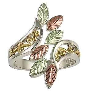 Sterling Silver Black Hills Ladies Ring with 10k Gold Accents and 12k Leaves