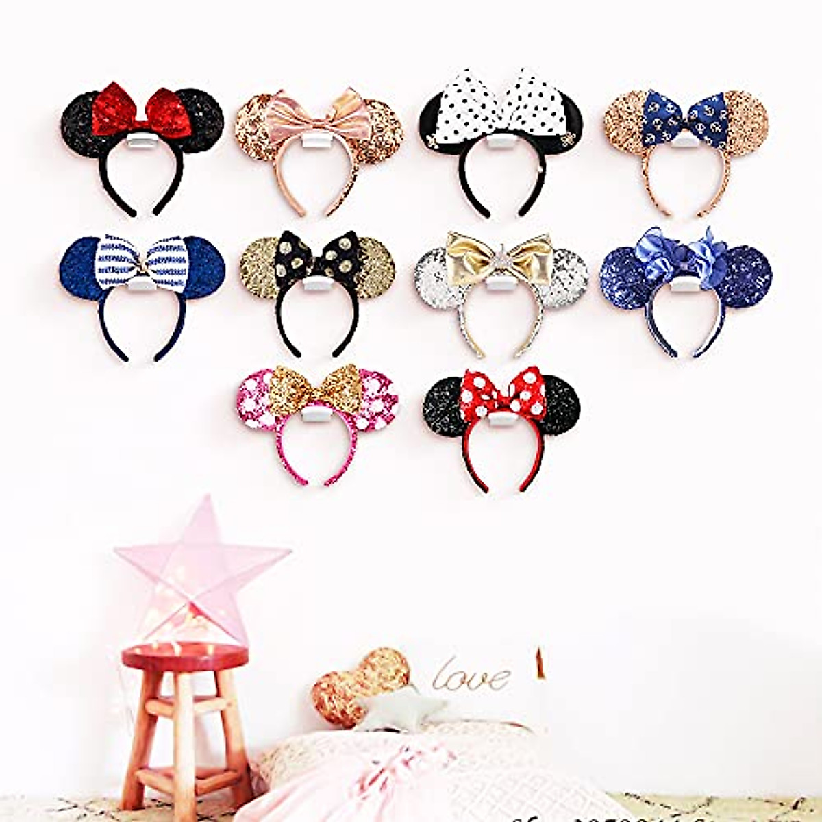 Modern JP Adhesive Hooks for Disney Ears (16-Pack) - Minimalist Disney Ear Holder, No Drilling Headband Holder Design, Strong Hold Headband Organizer - USA Patented, Clear