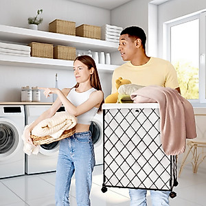 2 Wire Laundry Hamper on Wheels With Removable Liners,Rolling Large Collapsible Metal Laundry Basket,Sturdy Laundry Bag Heavy Duty Hamper,for Dirty Clothes Organization Closet Bathroom Living Room