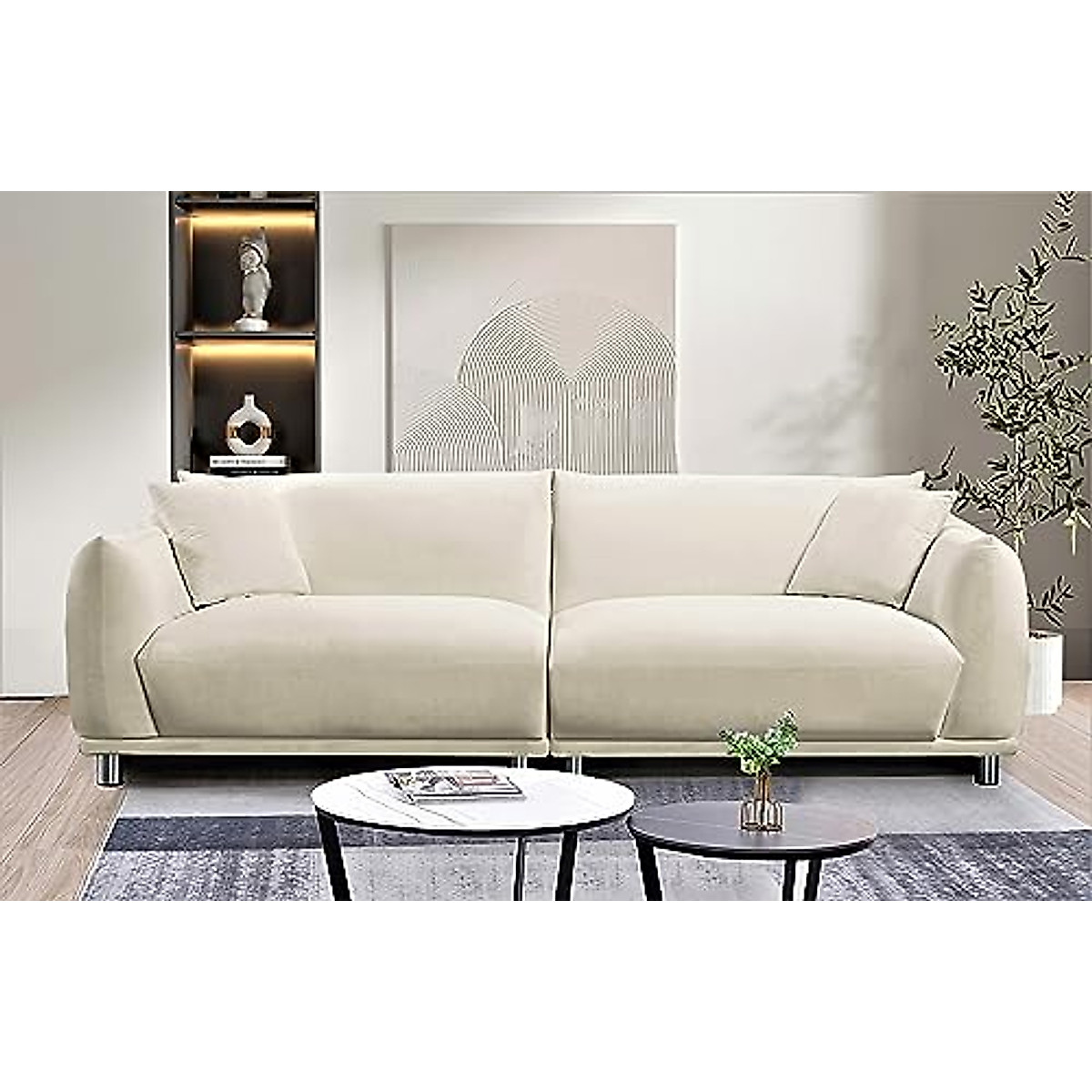 Container Furniture Direct Stylish and Luxurious Velvet Sofa with Modern Corner Design, Living Room Furniture with Minimalist Vibes, Two Accent Pillows Included, Cream White
