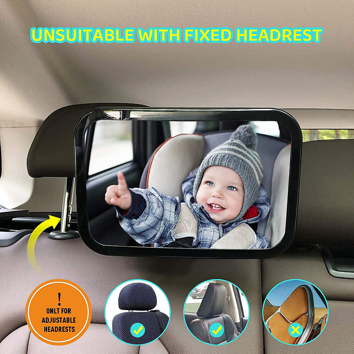 KINSEI Baby Car Mirror Safety Car Seat Mirror for Rear Facing Infant with Wide Crystal Clear View Shatterproof Fully Assembled Newborn Safety with Secure Headrest Clamp Holder