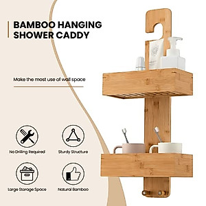 LOKO Bamboo Hanging Shower Caddy, Natural & Waterproof Bamboo Shower Rack w/ 2 Storage Baskets & 2 Hanging Hooks, 2-Tier Bathroom Shower Organizer Holder for Shampoo, Conditioner, Soap