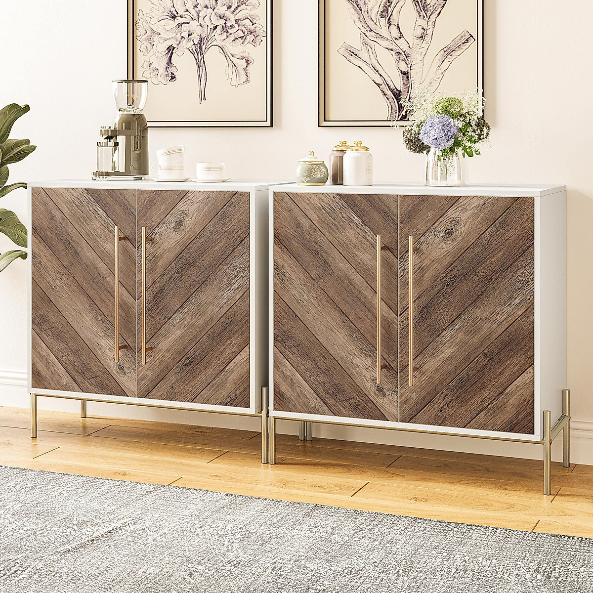 BELLEZE Set of 2 Sideboard Buffet Cabinet with Doors & Adjustable Shelves, Kitchen Storage Cabinet, Modern Accent Cabinet for Entryway, Living Room, or Bedroom, Storage Credenza - Harper (Rustic Oak)