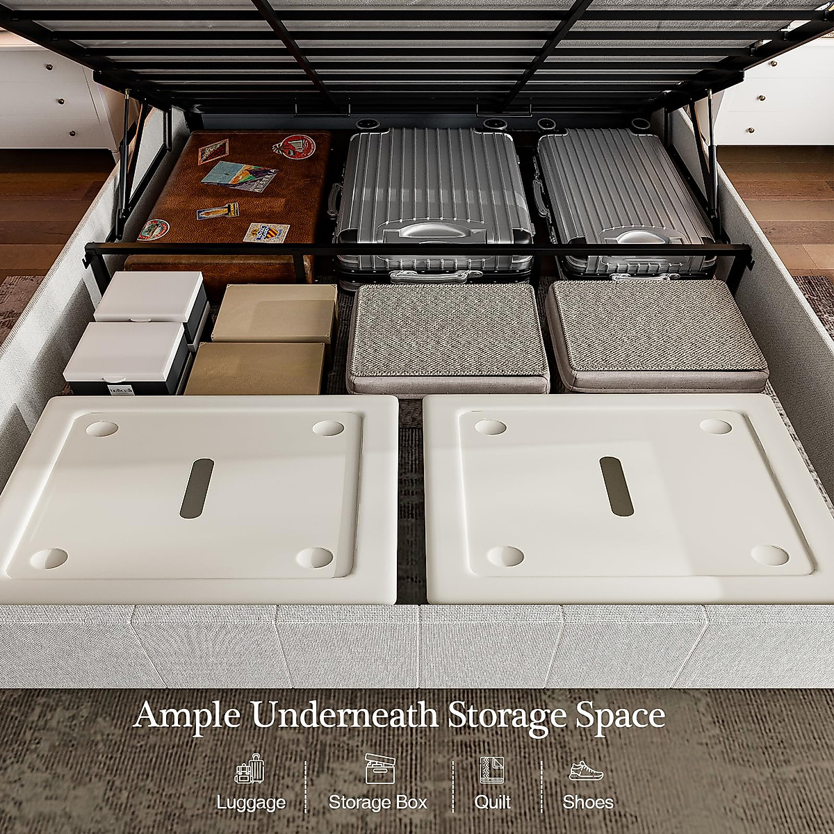 WELTOKE King Size Lift Up Storage Bed Frame, Heavy Duty King Platform BedFrame with Upholstered Tufted Headboard, Hydraulic Storage/LED Lights/Charging Station, Modern Beige