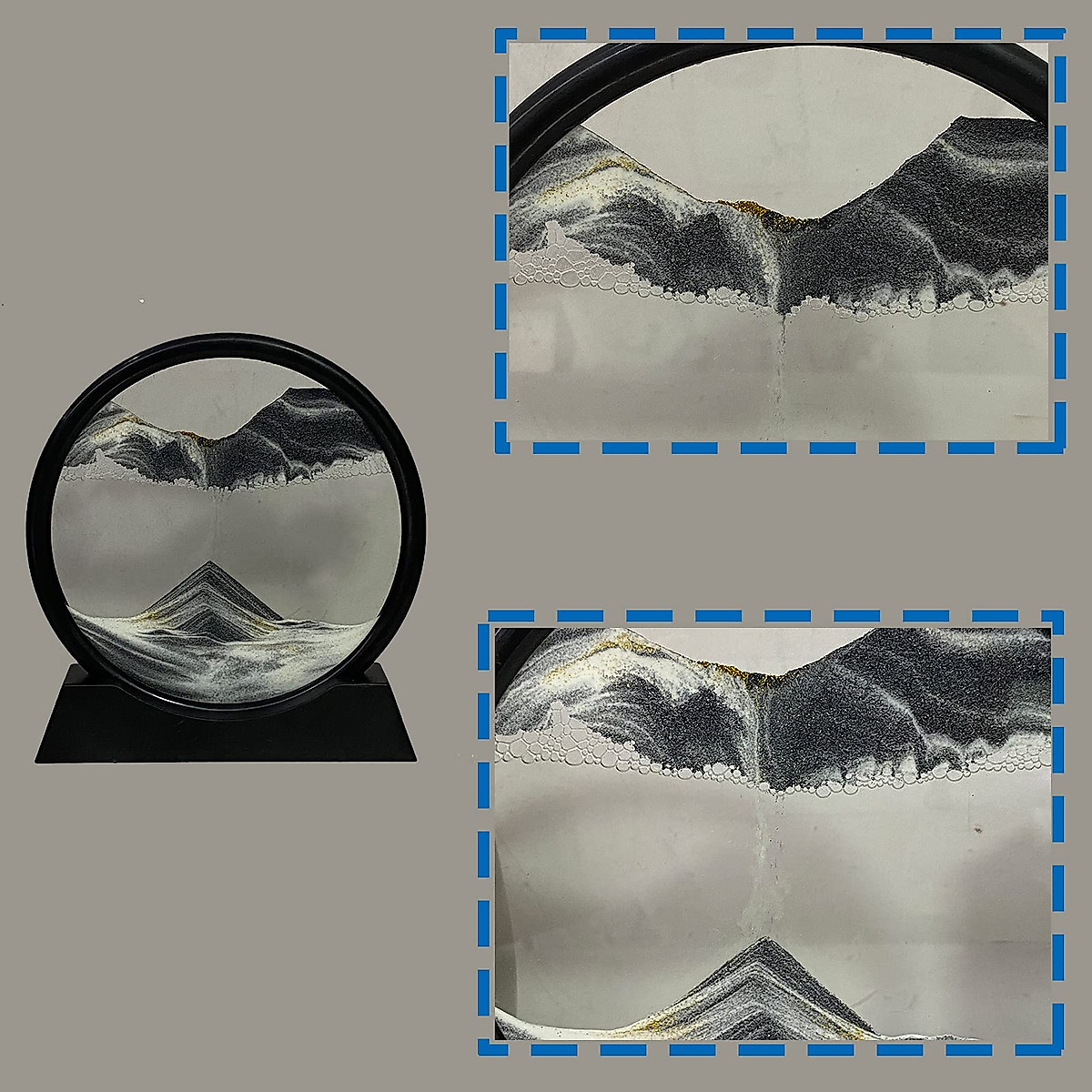 HYUGF Moving Sand Art Picture Decor, 3D Deep Sea Sandscape Liquid Motion, Round Glass Frame Display Flowing Sand Relaxing Gift for Kids Adults Home Office Work Desktop Decoration Toy (Black, 7")