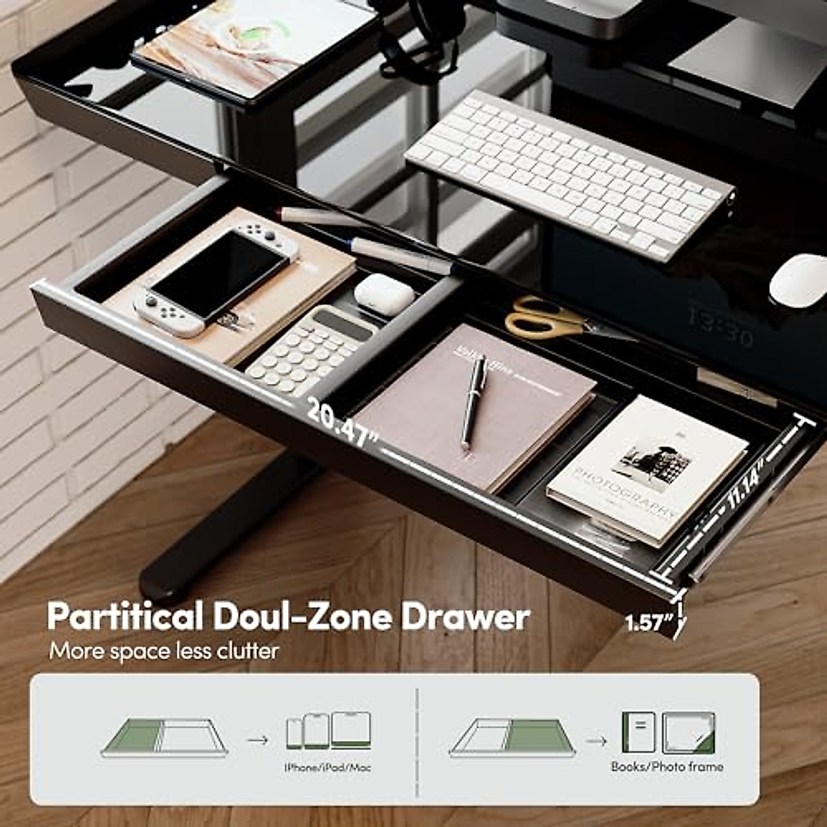 BANTI Electric Standing Desk with Drawers, 48 inch Whole-Piece Glass Desktop, Height Adjustable Stand up Sit Stand Home Office Ergonomic Workstation, Black Tabletop