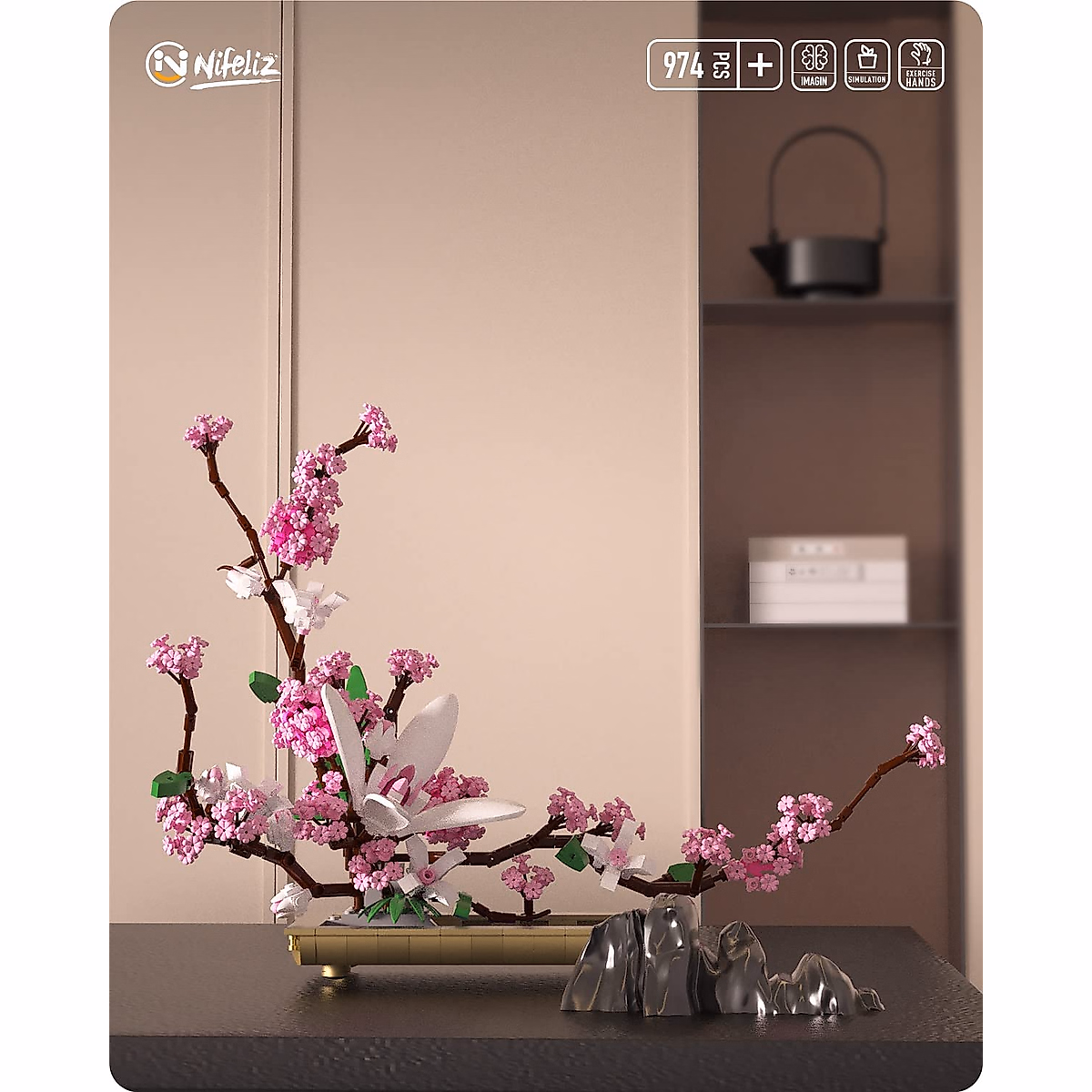 Nifeliz Lilac Bonsai Tree Toy Building Kit and Display Model, Unique Home Flower Bouquet Décor Ideas, A Creative and Relaxing Bonsai Tree Building Project for Adults, Botanical Collection(974 Pieces)