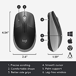 Logitech Wireless Mouse M190 - Full Size Ambidextrous Curve Design, 18-Month Battery with Power Saving Mode, Precise Cursor Control & Scrolling, Wide Scroll Wheel, Thumb Grips - Mid Grey