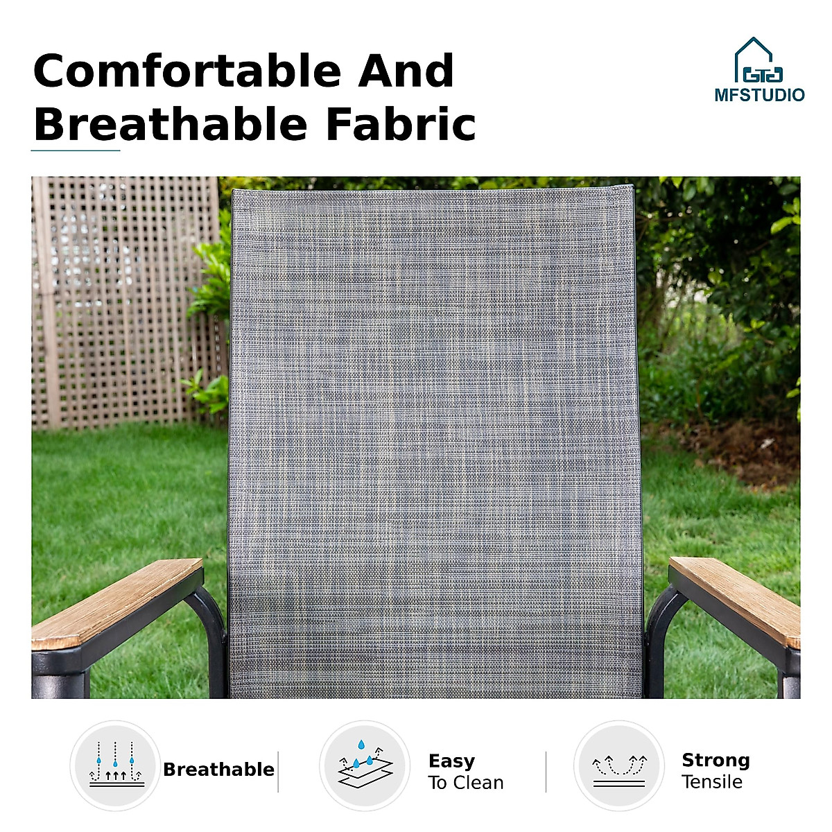 MFSTUDIO Outdoor Patio Dining Chairs, 2 PCS Aluminum Patio Dining Sling Chair, Patio Chairs with Wood-Like Armrest & Wider Seat for Deck Backyard Garden, Grey