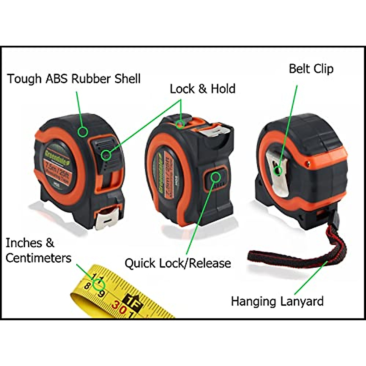 Greendale - 6 Pack of 25 ft Tape Measures / Measuring Tapes - Inches & Centimeters - Tough Outer Shell - Thumb and Quick Lock - Autowind - Belt Clip