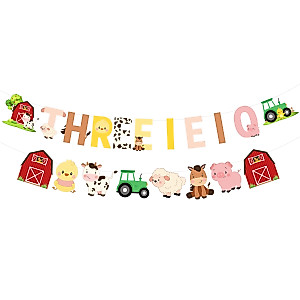 Sursurprise Farm 3rd Birthday Decorations, THREE I E I O Farm Animals Banner for Barnyard Farm Birthday Party Supplies