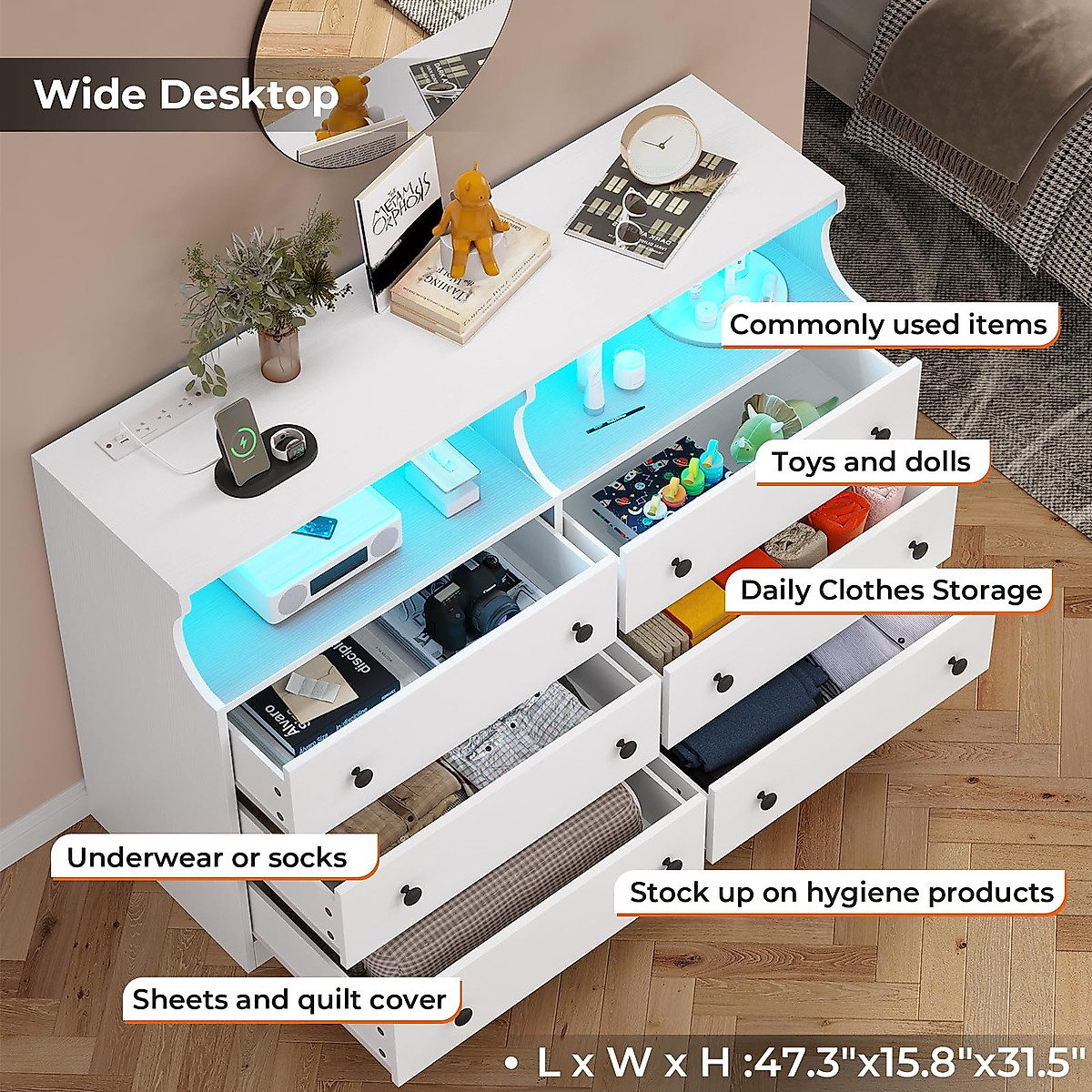 Hasuit 6 Drawer Dresser with LED Lights and Charging Station, Wide Chest of 6 Drawers with Open Space, Modern Large Capacity Storage Cabinet, White Dresser for Bedroom, Living Room, Hallway