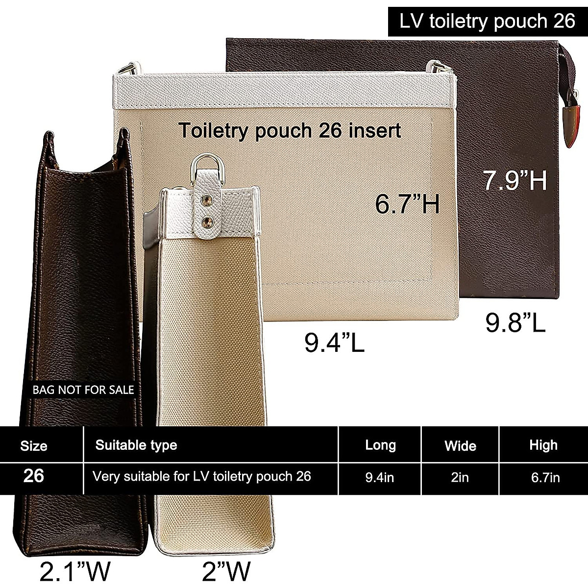 OAikor Upgraded Purse Insert Organizer Bag Fit Toiletry Pouch 26 Premium Microfiber Leather with D Rings, Waterproof Bag Insert for lv Pouch 26 Khaki (Large-26, Beige)