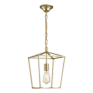 ANJIADENGSHI Lantern Pendant Light Lantern Iron Cage 1 E26 Bulbs Gold Chandelier for Dining Room Kitchen(Bulbs Not Included)
