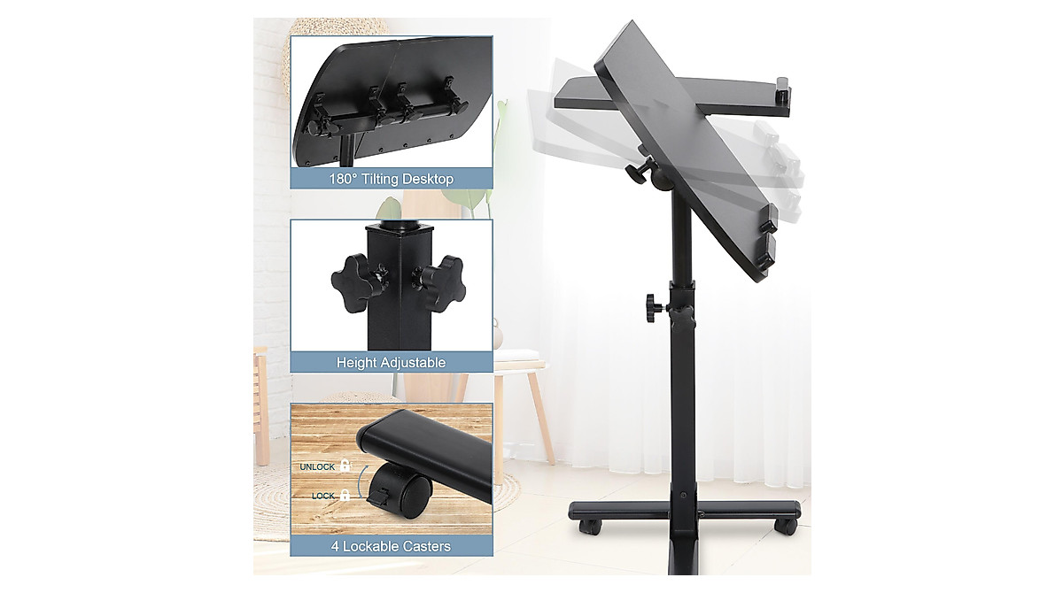 F2C Adjustable Rolling Laptop Desk - Swivel, Tilt, Sit/Stand