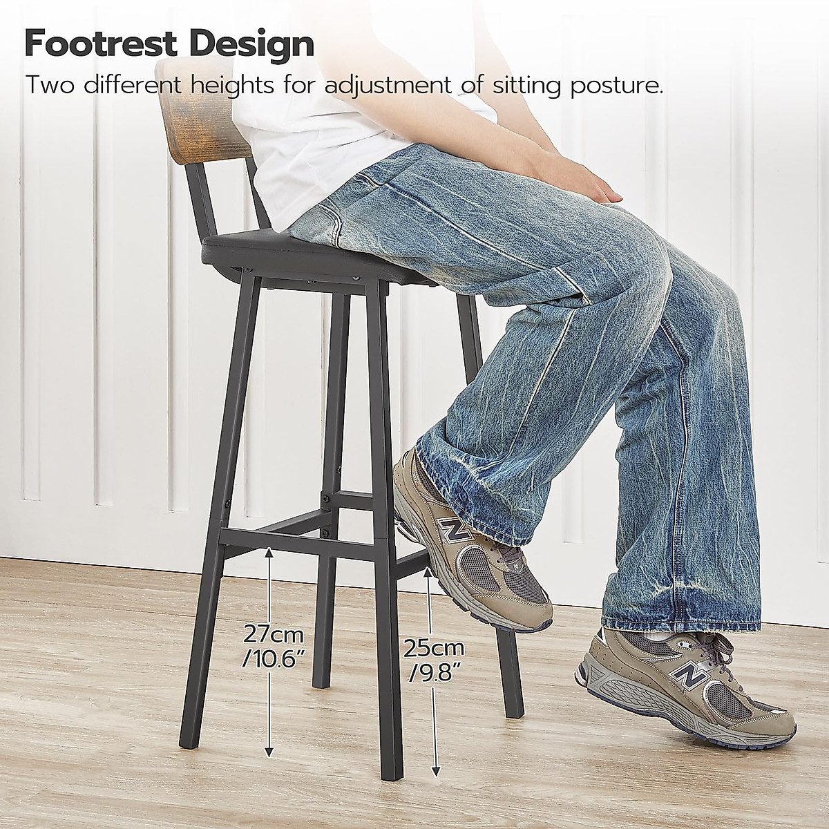 HOOBRO Bar Stools, Bar stools Set of 2 PU Upholstered Tall Bar Chairs, Barstools with Backrest and Footrests, for Kitchen, Dining Room,Bar, Cafe, Rustic Brown and Black BF84BY01