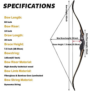 ZSHJGJR Archery 60 Inch Black Hunter Original Recurve Bow and Arrow Set for Adults American Hunting Longbow Archery Bow 25-60lbs Right Handed for Archery Hunting Target Shooting (30lbs, Bow Set)