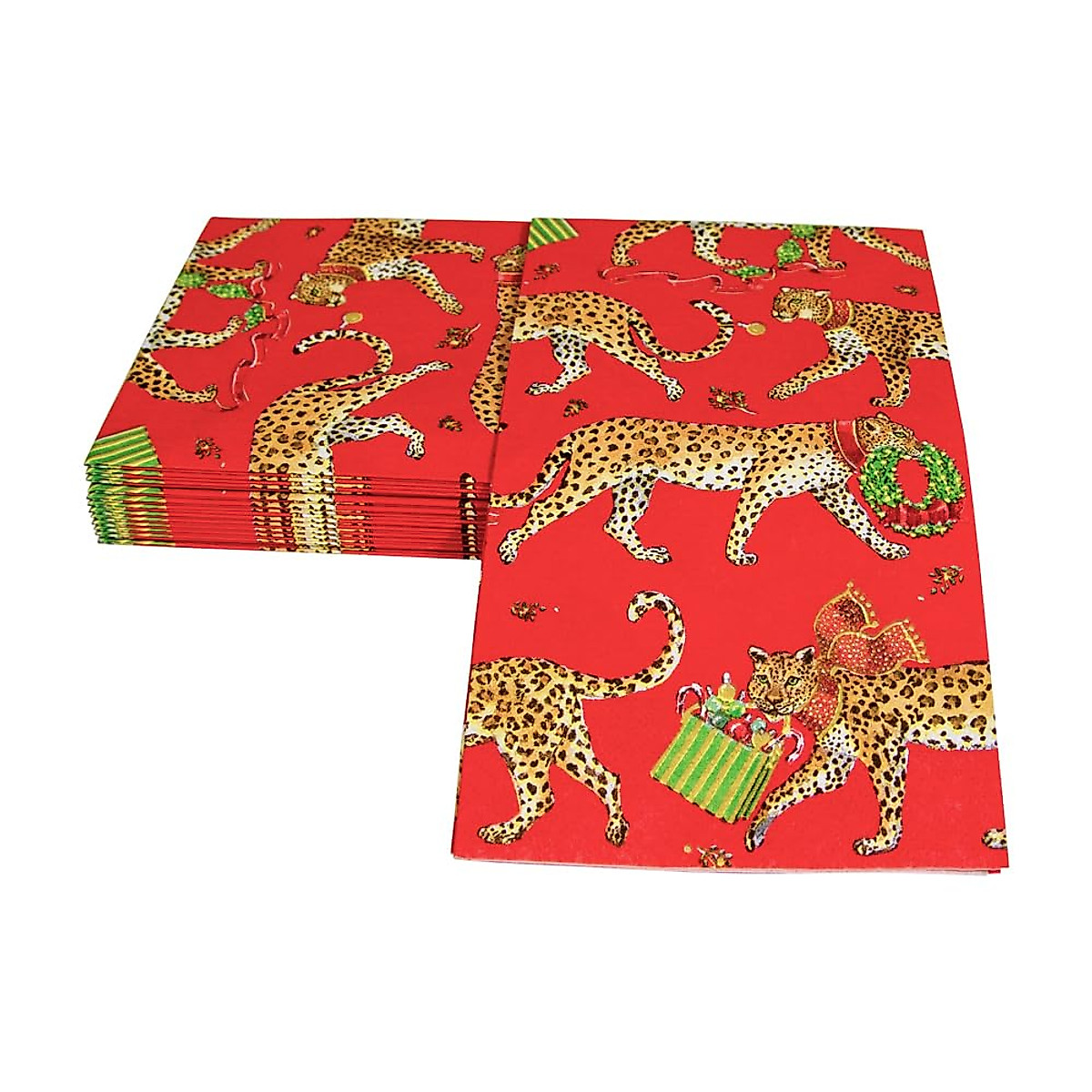 Caspari Christmas Leopards Paper Guest Towel Napkins in Red - Two Packs of 15