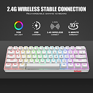 RedThunder 60% Wireless Mechanical Keyboard, 1850mAh Rechargeable Battery Wireless Gaming Keyboard, True RGB Backlit, 61 Keys Compact Layout for PC Gamer (White, Blue Switch)