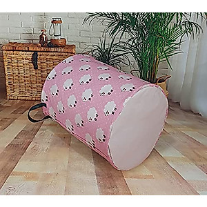 VAIVUSTO Round Laundry Basket, Waterproof Canvas Large Clothes Basket Laundry Hamper with Handles,Cute Cartoon Kids Nursery Hamper for Girls Room,Toy Storage (Pink Sheep)