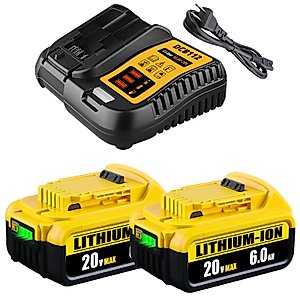 2Pack DCB200 20V 6.0Ah and Charger Replacement for Dewalt 20V Battery Compatible with Dewalt 20V MAX Battery DCB204 DCB203 DCB200-2 DCB201 DCB180 DCD985B DCD/DCF/DCG Series