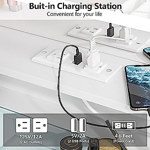 Fameill White Vanity Desk with Lights,Glass Top Makeup Vanity Table with Power Strip,Large Mirror Dressing Table Set with 2 Drawers and Hair Dryer Stand,35.4in(L)