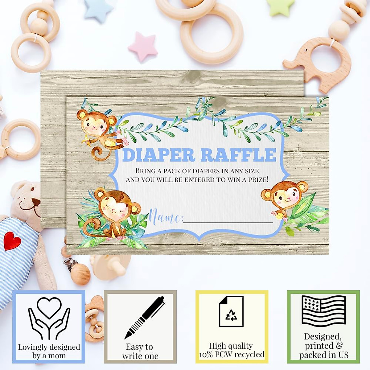 Amanda Creation Watercolor Jungle Monkeys Diaper Raffle Tickets for Baby Boy Showers, 20 2" X 3” Double Sided Insert Cards for Games, Bring a Pack of Diapers to Win Favors & Prizes!