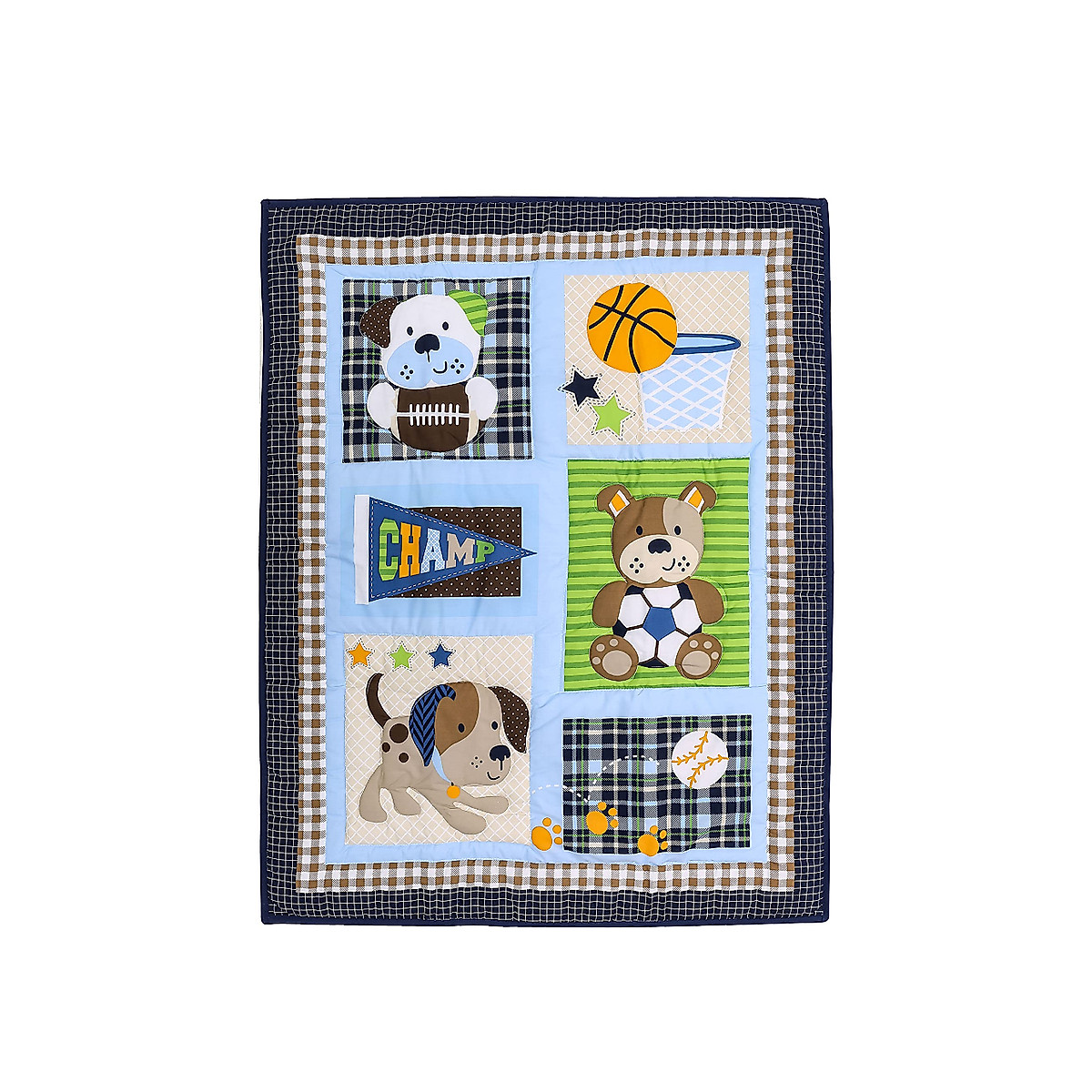 3 PCs Blue Sports Theme Nursery Crib Bedding Set Baby Boy Embroidery Puppy Sport Themed Baby Boy Cot Bedding Set 1 Quilt 1 Fitted Sheet 1 Diaper Storage Bag