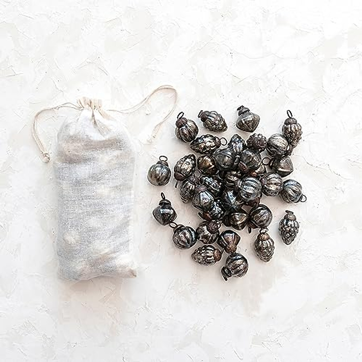 Creative Co-Op Embossed Mercury Glass Ornaments in Muslin Bag, Pewter Finish, Set of 36