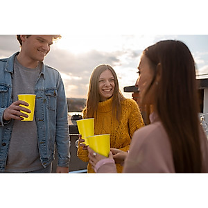 DecorRack 80 Party Cups, 16 oz -BPA Free- Plastic Soda Cups, Perfect for Birthday, Picnic, Indoor and Outdoor Event, Stackable, Reusable, Disposable Cup, Yellow (Pack of 80)