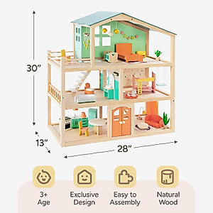 Large Pink Wooden Dollhouse with Furniture for Girls, 6 Rooms 2.6ft High with Elevator,Doorbell, Light,15 Pcs Furniture & 3 Dolls, Kids Playhouse Toy for Girls 3-7+, 31.5" x 25" x 12.2"