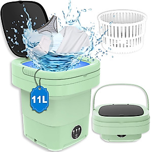 Portable Washing Machine, Foldable Mini Washing Machine and Spin Dryer, 11L Large Capacity, Small Collapsible Laundry Washer for Apartment, Travel, RV, Underwears, Socks, Baby Clothes (Green)