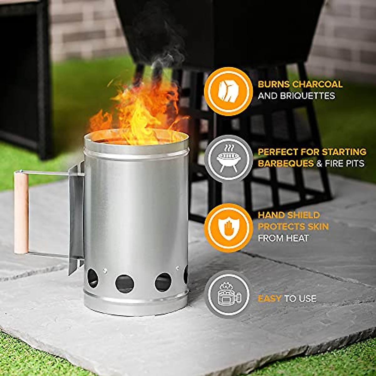 LIVIVO Banquet Charcoal Chimney Starter With Wooden Safety Handle - Quick Start Barbecue Lightning Kit Camping Grilling BBQ - Galvanised Iron Sheet Finish - Heavy Duty