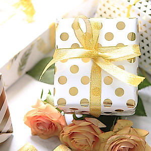 Gift Wrapping Supplies,8 Sheets White Gold Gift Wrapping Paper with 10 Pull Bows 24 Yard Glitter Ribbon and 12 Thank You Lable Sticker for Birthday Gift Wrap Christmas Gift Packing DIY Paper Craft