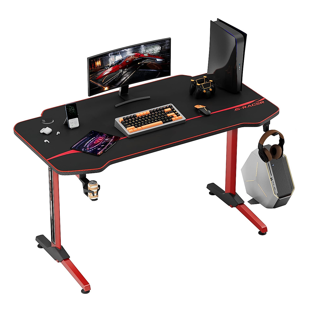 Homall Gaming Desk Computer Desk Racing Style Office Table Gamer Pc Workstation T Shaped Gamer Game Station with Free Mouse Pad, Cup Holder and Headphone Hook (44 Inch, Red)