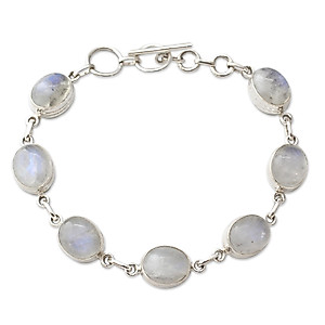 NOVICA Artisan Handmade Rainbow Moonstone Link Bracelet Sterling Silver White India Birthstone [7 in min L x 7.75 in max L 8 mm W] ' Mysteries'