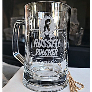 Personalized 16.oz Beer Mug | Badge Design | Clear Glass | Custom Made | Perfect for wedding gifts, anniversaries, birthday gifts, home warming gifts or graduation