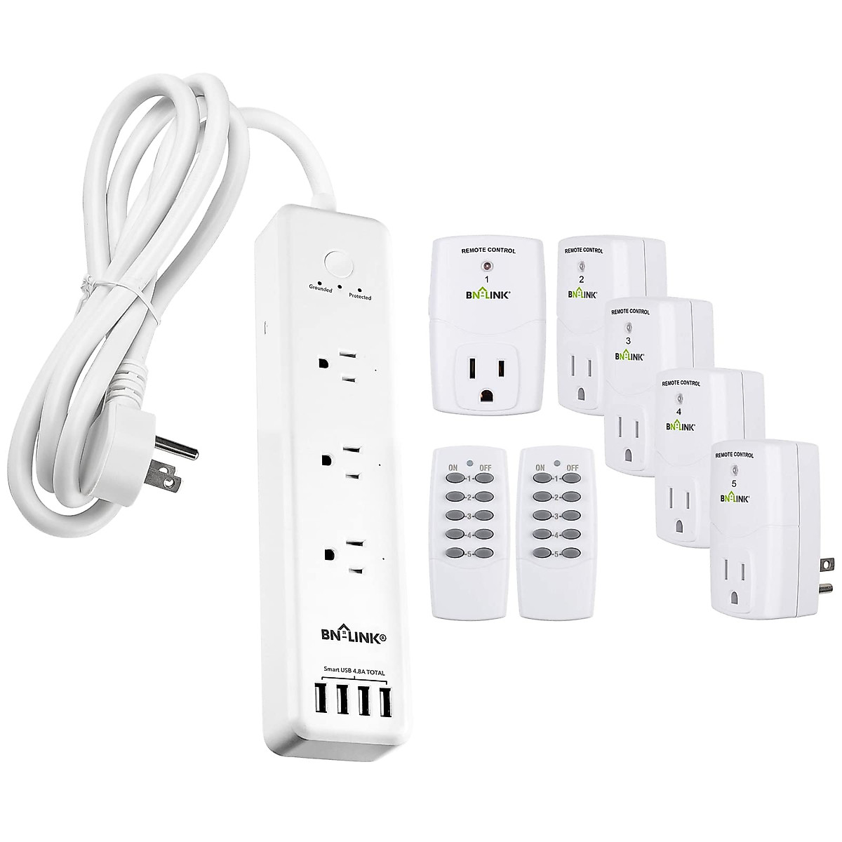 BN-LINK Mini Wireless Remote Control Outlet Switch Power Plug in,6.6FT Extension Cord Flat Plug, White Surge Protector Power Strip with 3AC Outlets 4 USB Ports