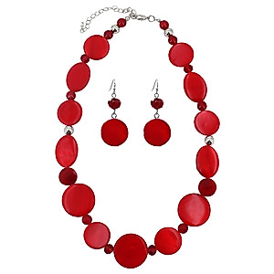 Jules D. Simple Beaded Choker Necklace Handmade Shell Multi Colorful Brown Green Beads Statement Necklace Bracelet Earring Set Costume Jewelry for Women Gifts (Red)
