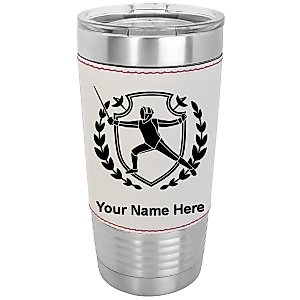 LaserGram 20oz Vacuum Insulated Tumbler Mug, Fencing, Personalized Engraving Included (Faux Leather, Baseball Style)