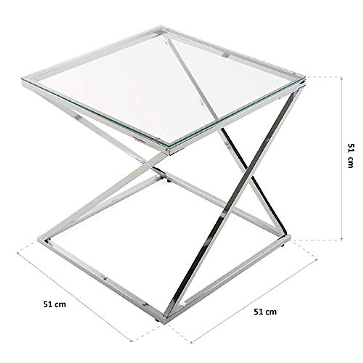 Versa Trento Auxiliary Small Table for The Living Room, Bedroom or Kitchen. Modern Side Table, Measurements (H x L x W) 51 x 51 x 51 cm, Glass and Metal, Colour Silver