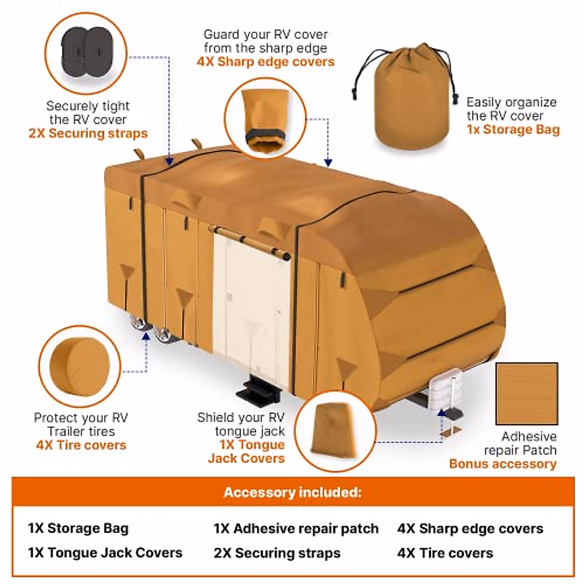 Lanceton 20-22ft Travel Trailer Camper RV Cover Package Premium Heavy-Duty Waterproof Anti-UV Breathable Fabric Including Jack Cover 4 Tire Covers and 2 Secure Straps