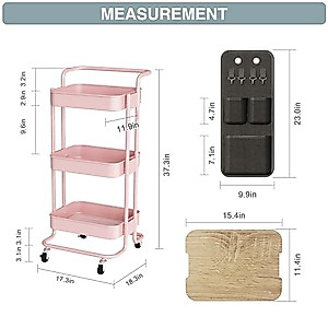 DTK 3 Tier Metal Utility Rolling Cart with Table Top and Side Bags, Metal Tray Storage Organizer Cart with Wheels, Art Craft Cart with 4 Hooks for Kitchen Bathroom Office Living Room (Pink)