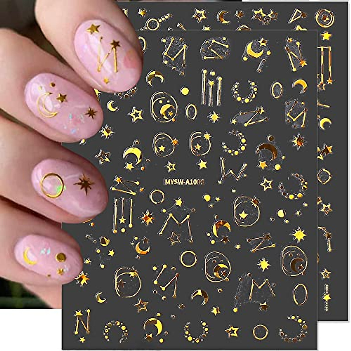 3D Moon Star Nail Stickers,Holographic Nail Decals,Stars Moon Sun Planets Design Laser Gold Nail Art Stickers Self Adhesive Sticker Nail Art Decorations Women DIY Nail Accessories,6 Sheets/Set