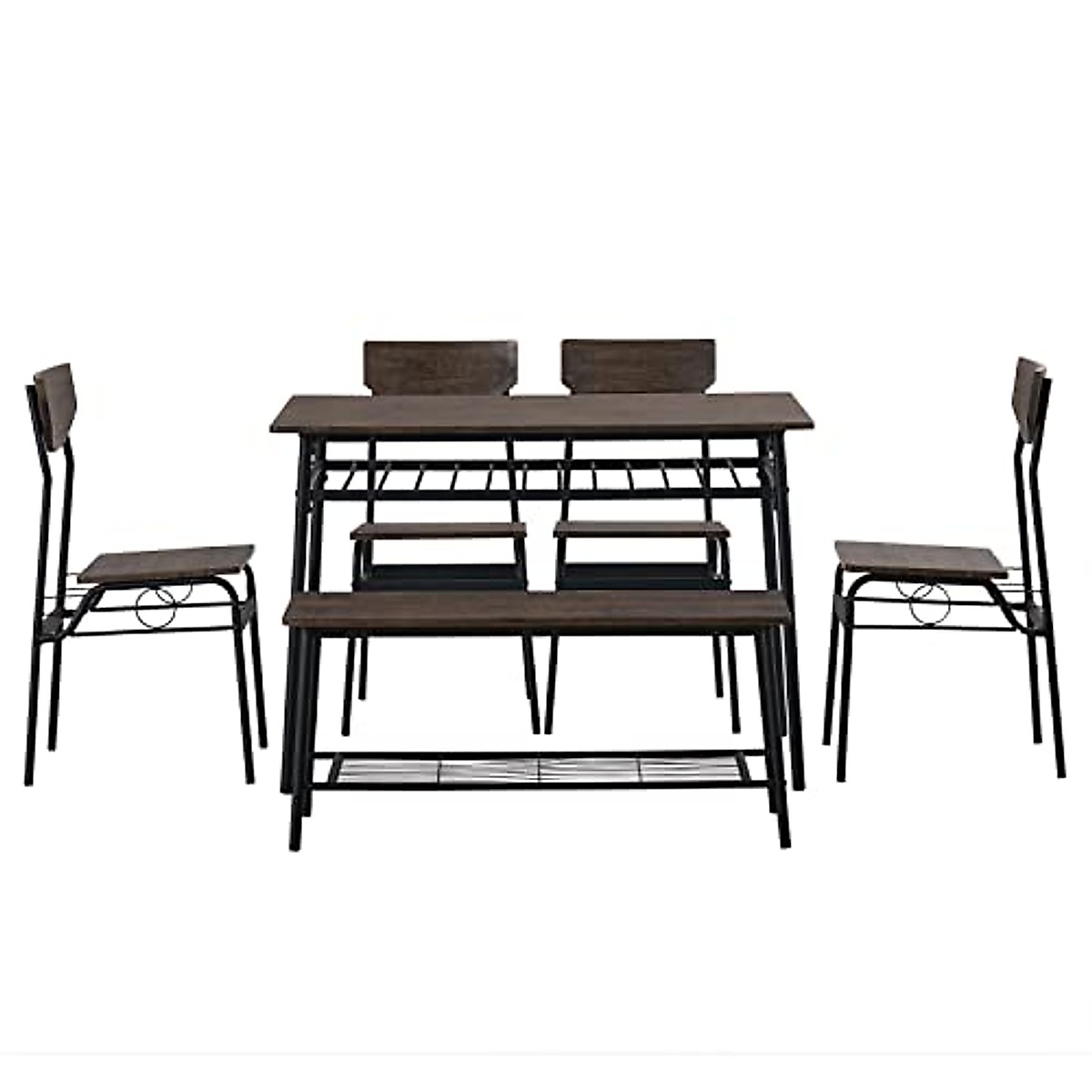 Rectangular Dining Table & Chair Set of 6 w/ Storage Space, Dining Room Set w/ 1 Table, 1 Bench & 4 Chairs for 6, Table Set w/ MDF Tabletop & Iron Frame, for Dining Room, Bistro, Home Bar, Kitchen