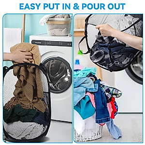 Gjinxi Strong Mesh Pop up Laundry Hamper Basket Large Collapsible Mesh Laundry Basket Pop Up Hamper Foldable Mesh Laundry Bag Travel Black Hamper Basket Pocket Storage with Handles