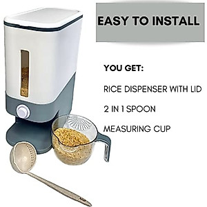 Sanujuan 20Lbs Rice Dispenser, Large Food Storage Container with Lid, Measuring Cup, 2-in-1 Spoon, Grains Cereal Container for Kitchen, Easy to install Pantry Organizer - White/Gray